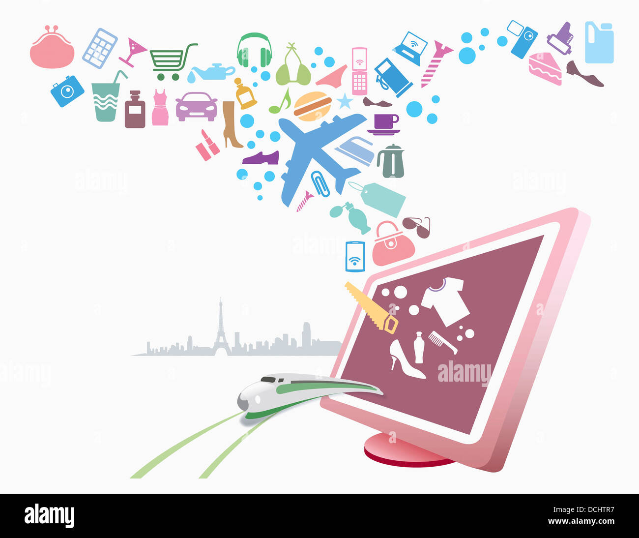 illustration of icons flying from PC Stock Photo - Alamy