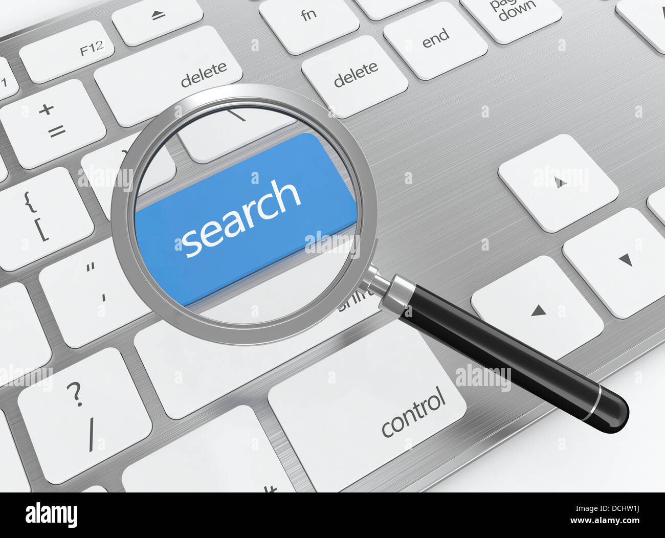 3D illustration of keyboard with blue search button and magnifying ...