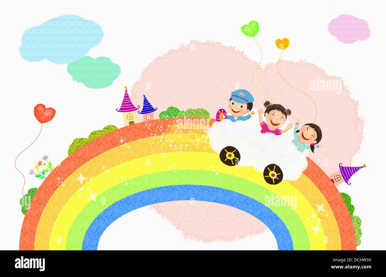 illustration of kids on a rainbow Stock Photo - Alamy