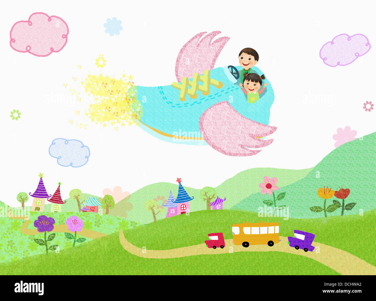 illustration of kids riding a shoes flying in the air Stock Photo - Alamy