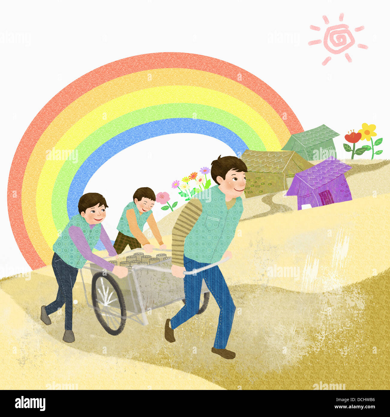 illustration of men carrying trolley Stock Photo - Alamy