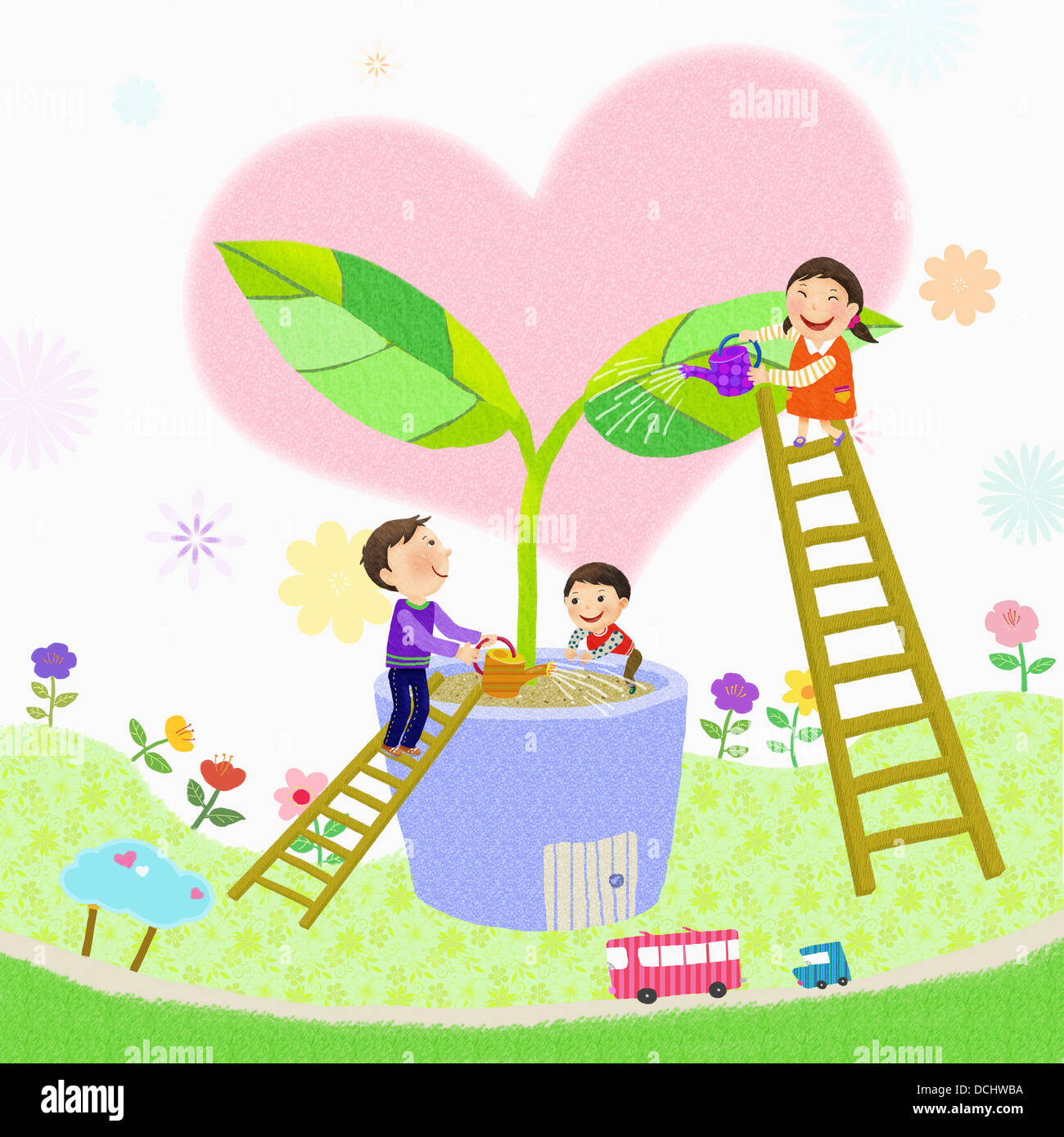 illustration of kids planting Stock Photo - Alamy