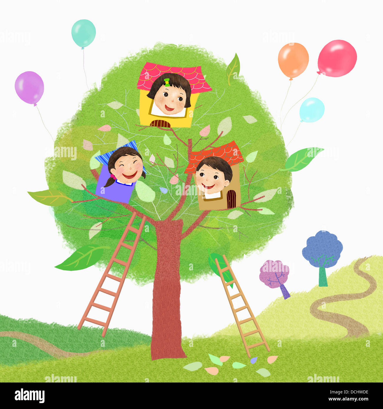illustration of kids on a tree Stock Photo - Alamy