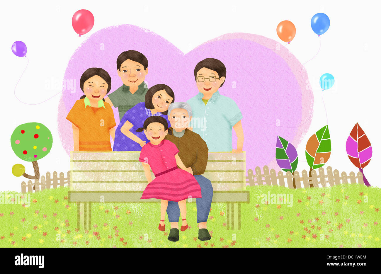 illustration of a family around a bench Stock Photo - Alamy