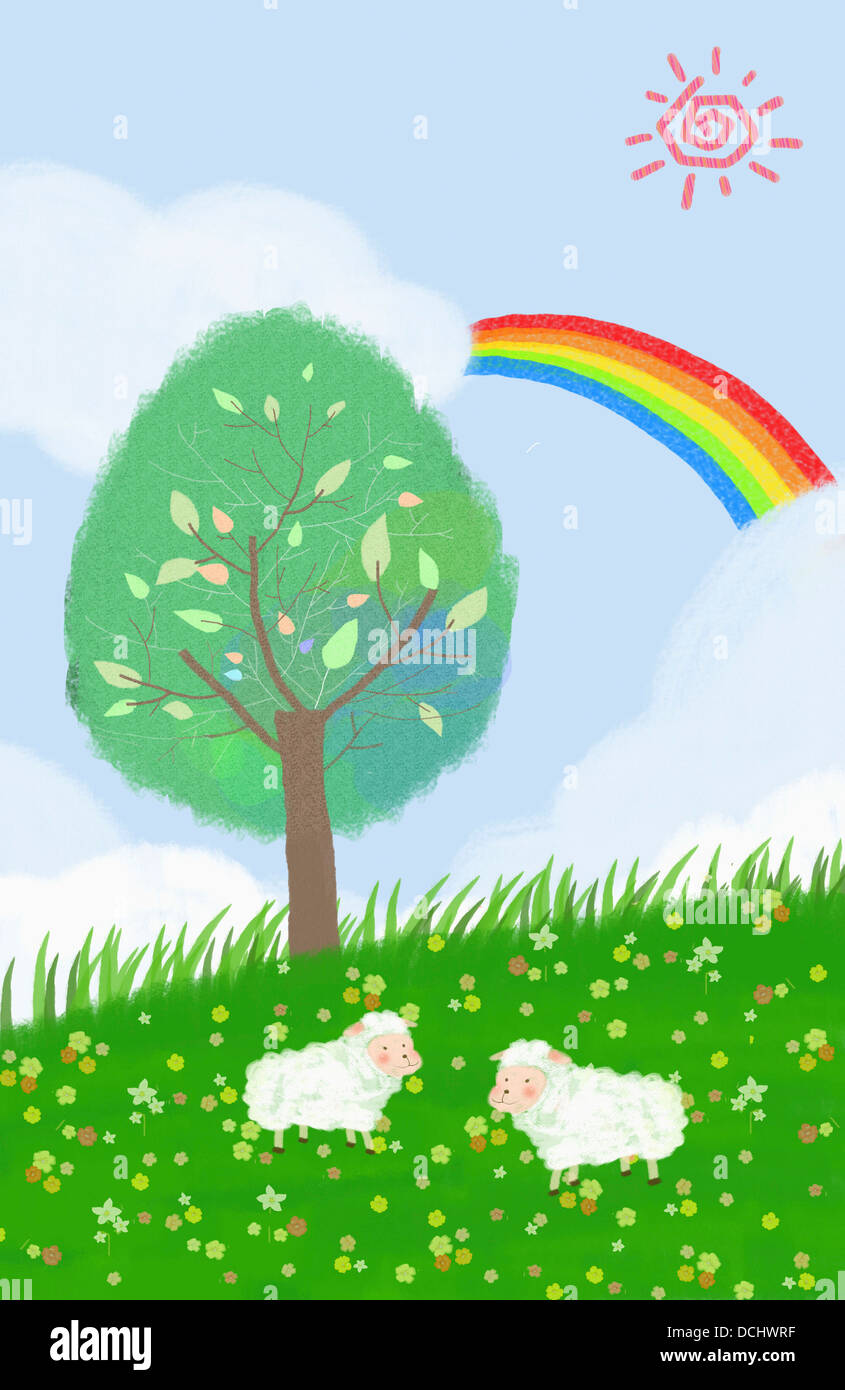 illustration of sheep and tree on a field Stock Photo - Alamy