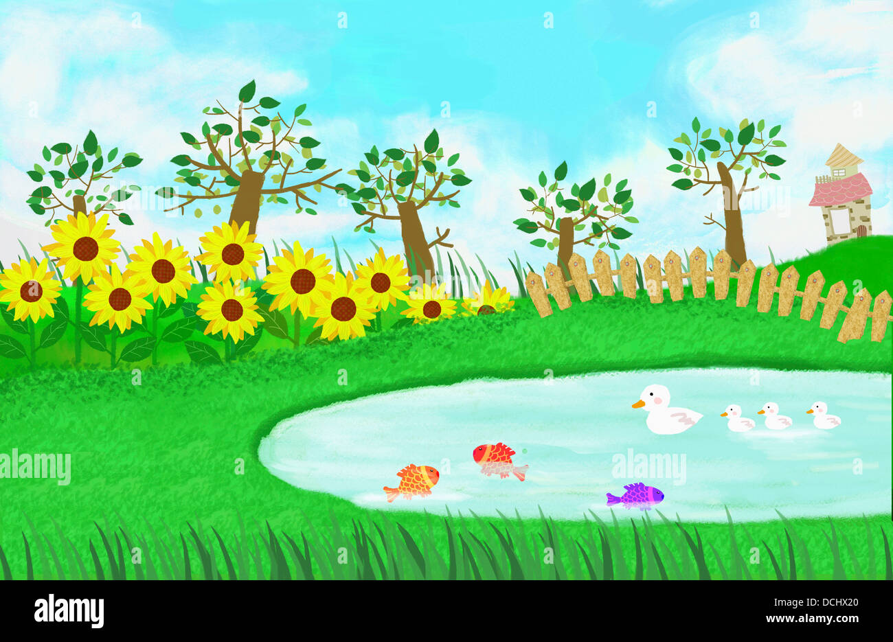 illustration of a lake and sun flowers Stock Photo - Alamy