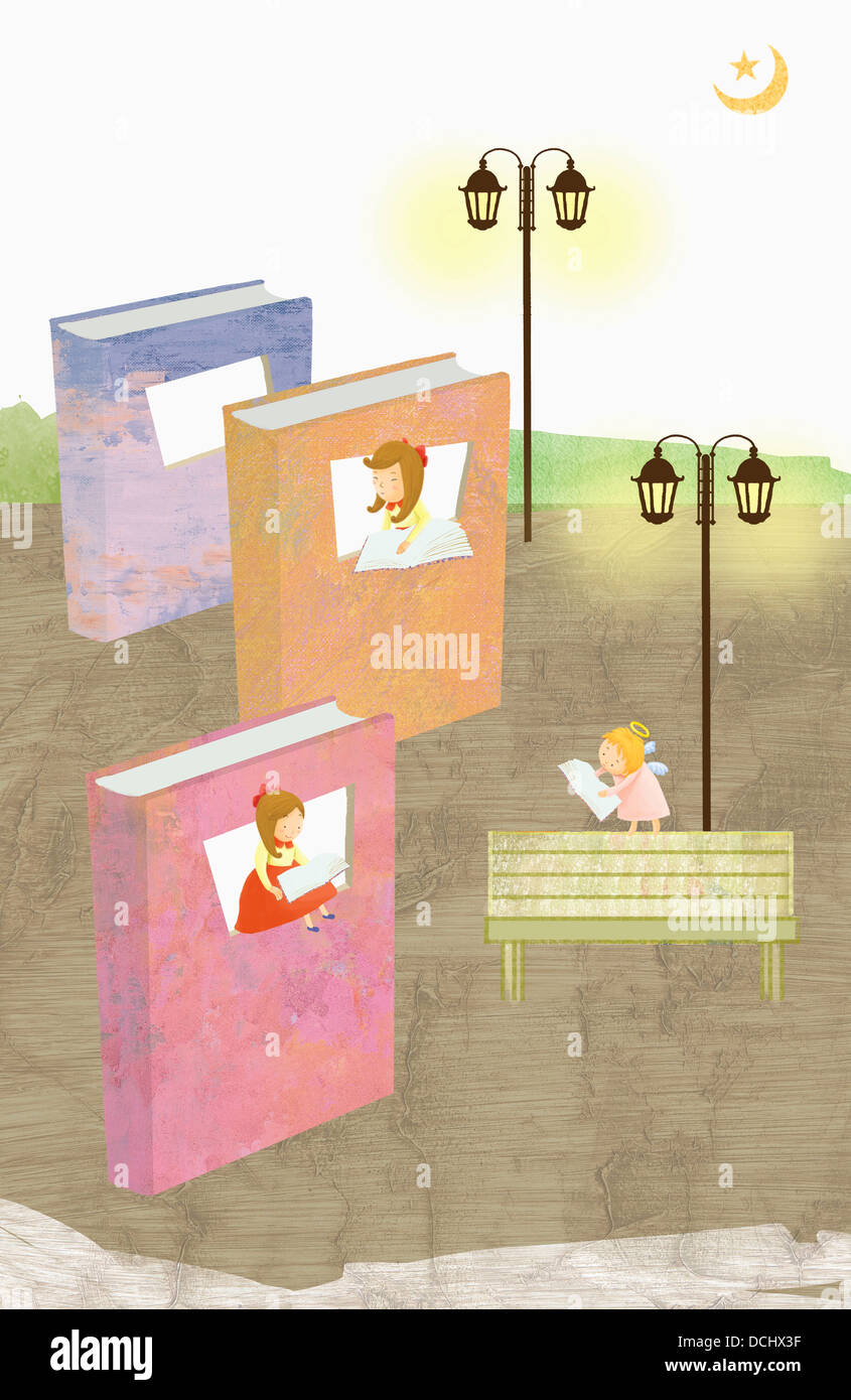 illustration of a village with book houses Stock Photo - Alamy