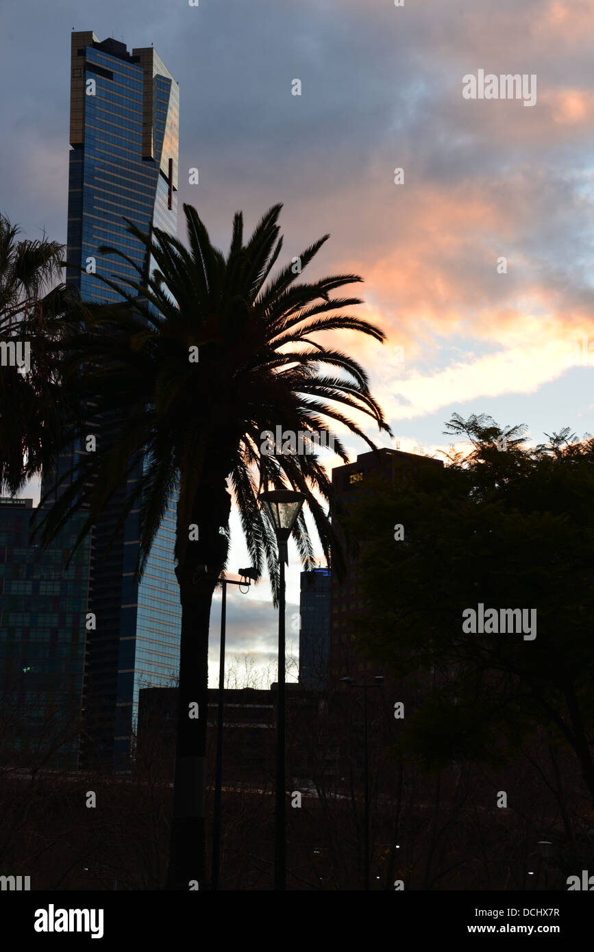 eureka tower melbourne skyline of building with palm tree and lamp in ...