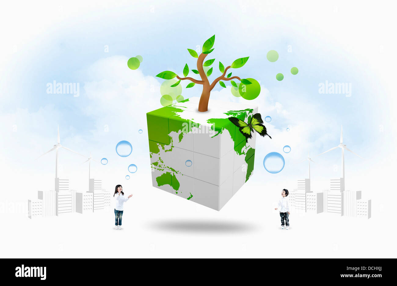 kids on eco friendly green land Stock Photo - Alamy