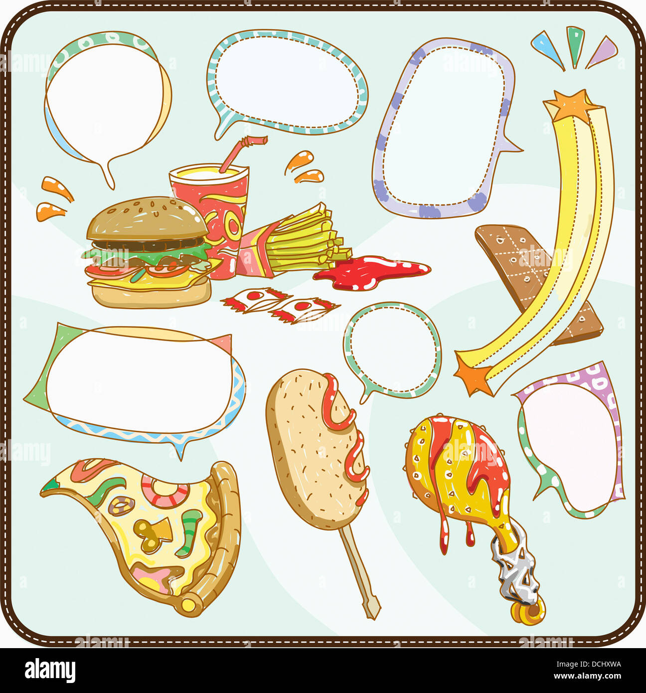 an illustration of different foods with speech bubbles Stock Photo - Alamy