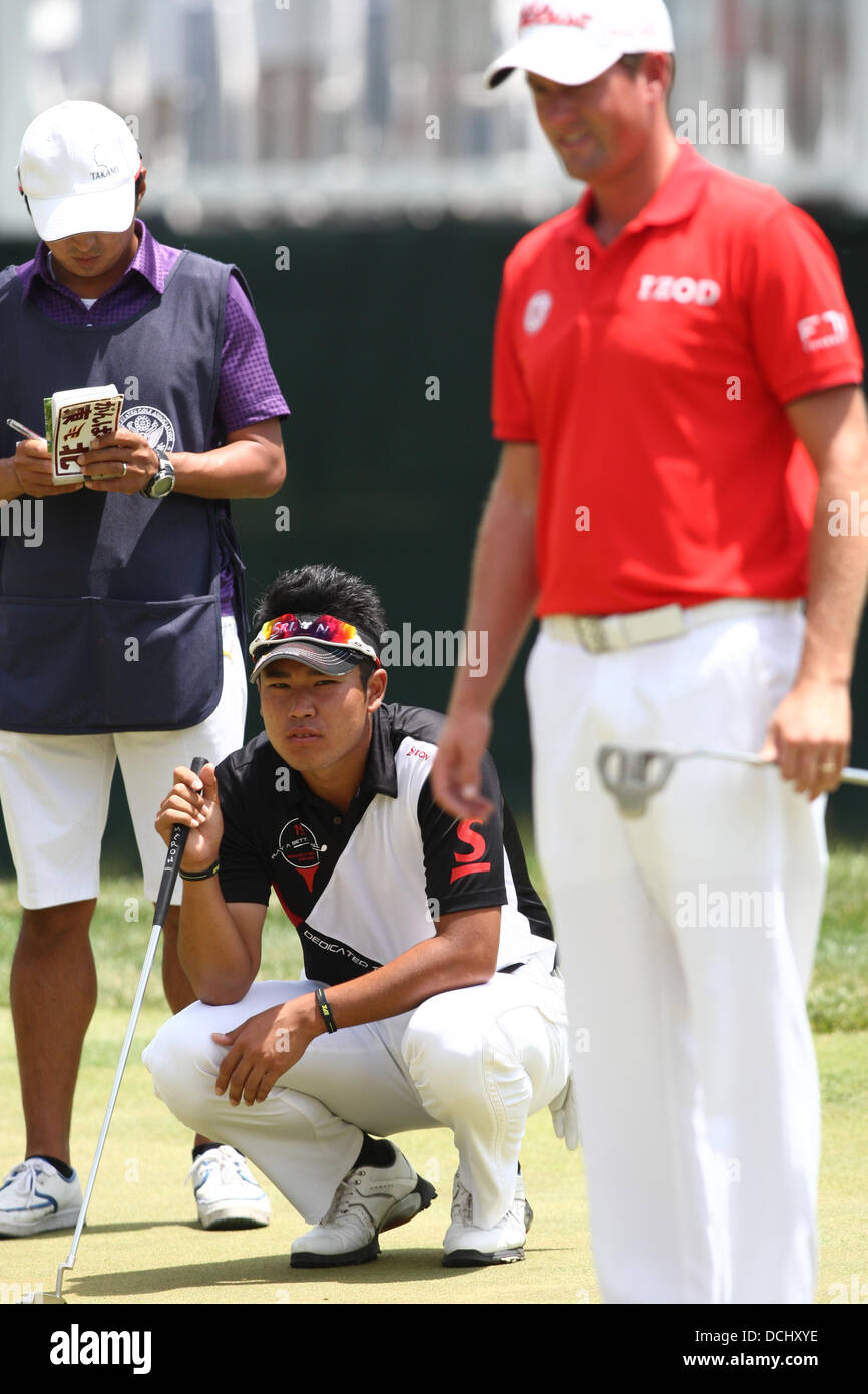 (L-R) Daisuke Shindo, Hideki Matsuyama (JPN), Webb Simpson (USA), JUNE ...