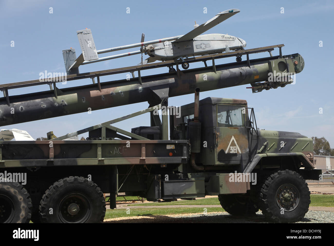 An RQ-2B Pioneer unmanned aerial vehicle on an M927 logistics truck ...
