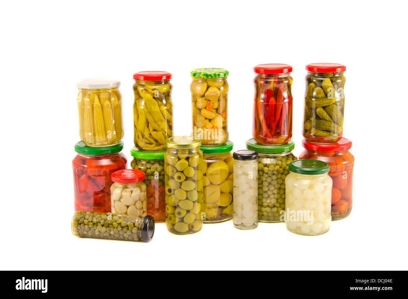 collection potted various vegetable and fruits jars isolated on white ...