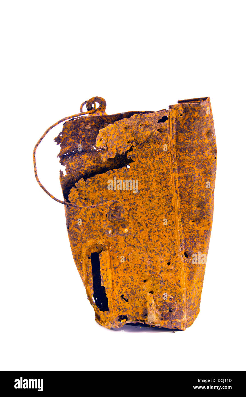 old rusty metal bucket for milk isolated on white background. Scrap ...