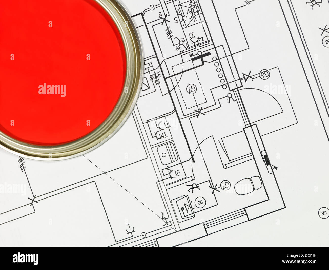 Red Paintcan and Blueprint Stock Photo - Alamy