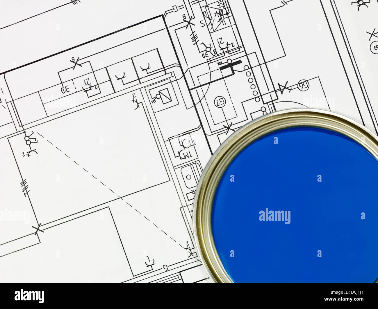 Blue Paintcan and Blueprint Stock Photo - Alamy