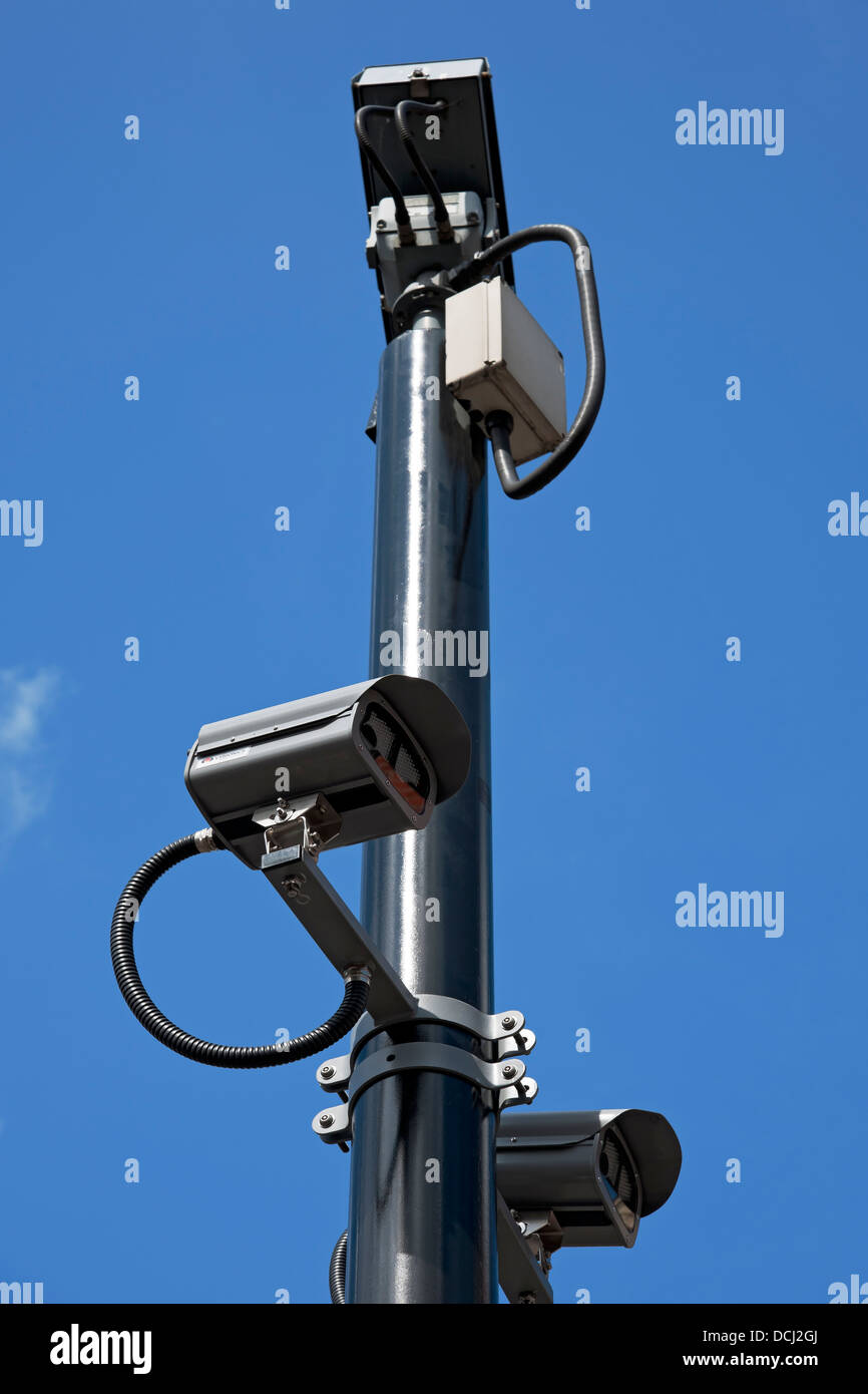 Close up of CCTV camera cameras on pole England UK United Kingdom GB ...