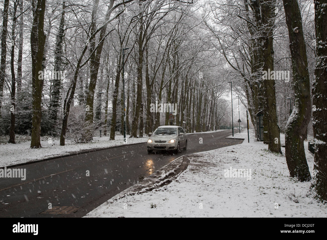 Car in snow storm on the Avenue, Guisborough, Cleveland Stock Photo - Alamy