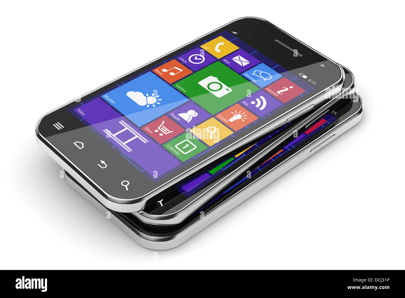 3d render of smartphones stack. Isolated on white background Stock ...