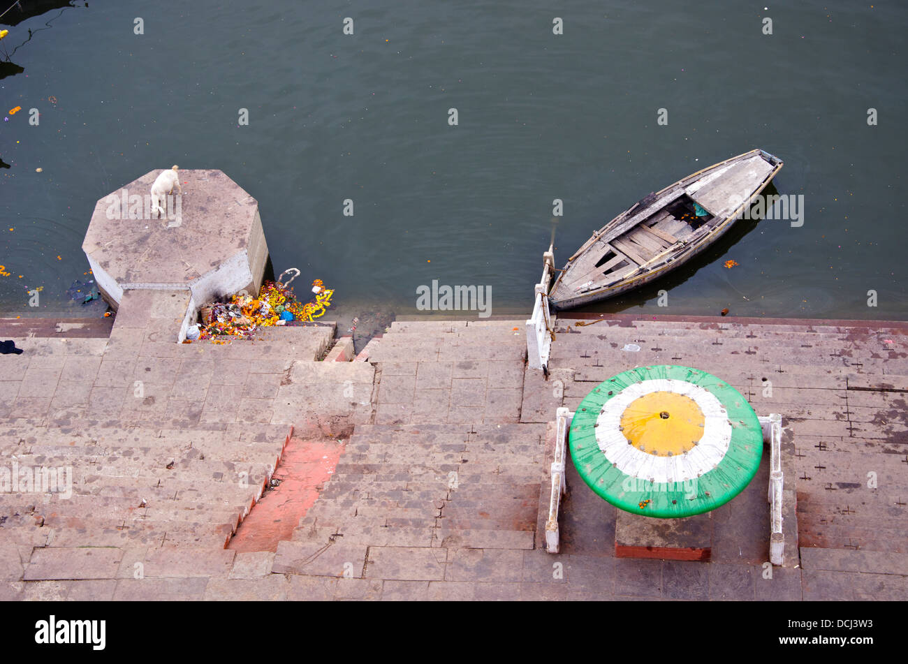staircase ghat on sacred Ganges river coast in Varanasi, India Stock ...