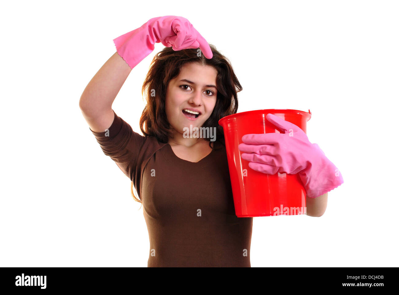 a young woman with a bucket and gloves Stock Photo - Alamy