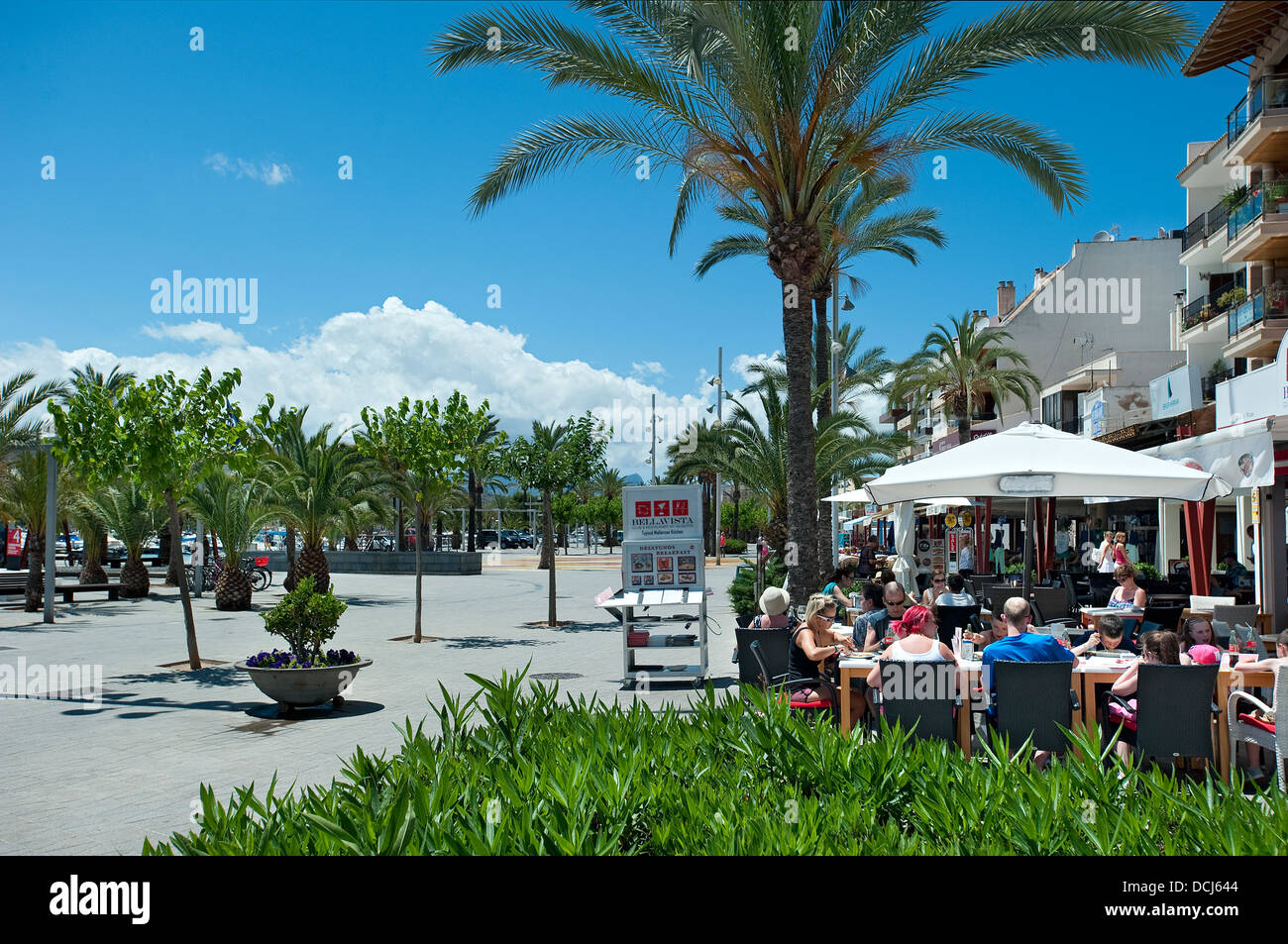 Cafe on promenade at Port Alcudia Marina, Mallorca, Balearics, Spain ...