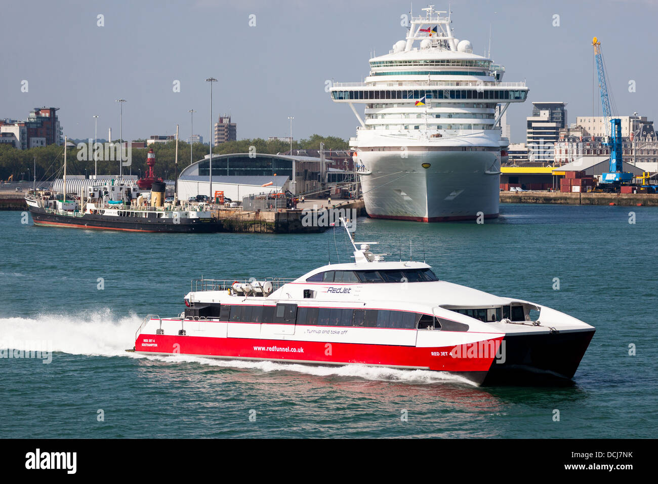Southampton docks with Redjet hydrofoil ferry sailing to Isle of Wight ...