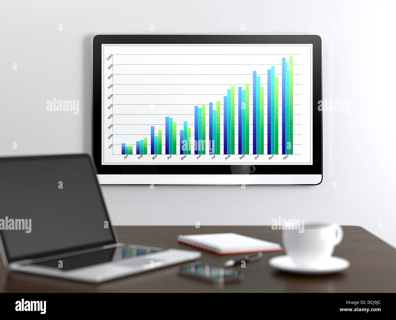 Meeting room with LCD display on wall showing growing chart Stock Photo ...