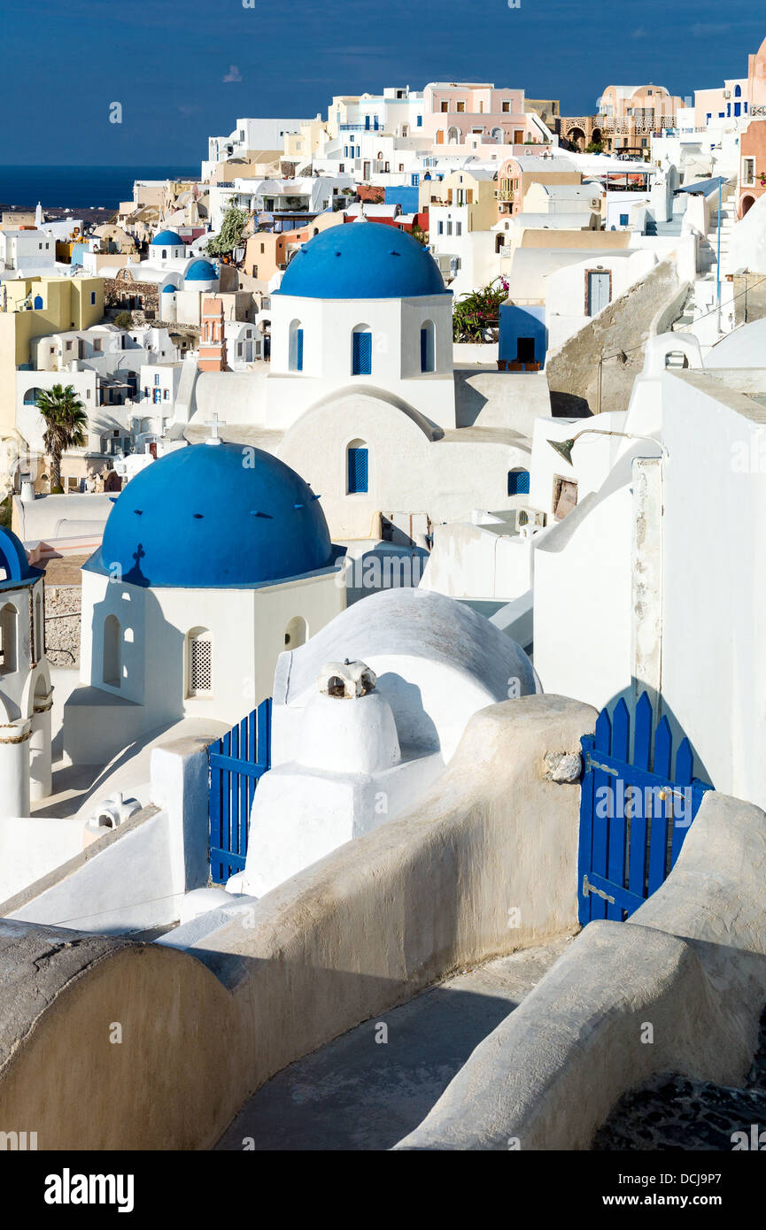 Greece, Santorini, view of the Oia village with the blue domes of the ...