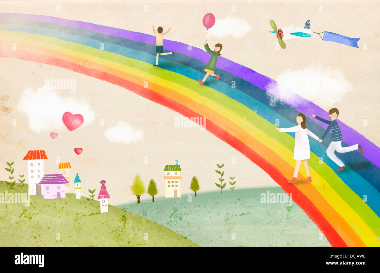 illustration of people on a rainbow Stock Photo - Alamy