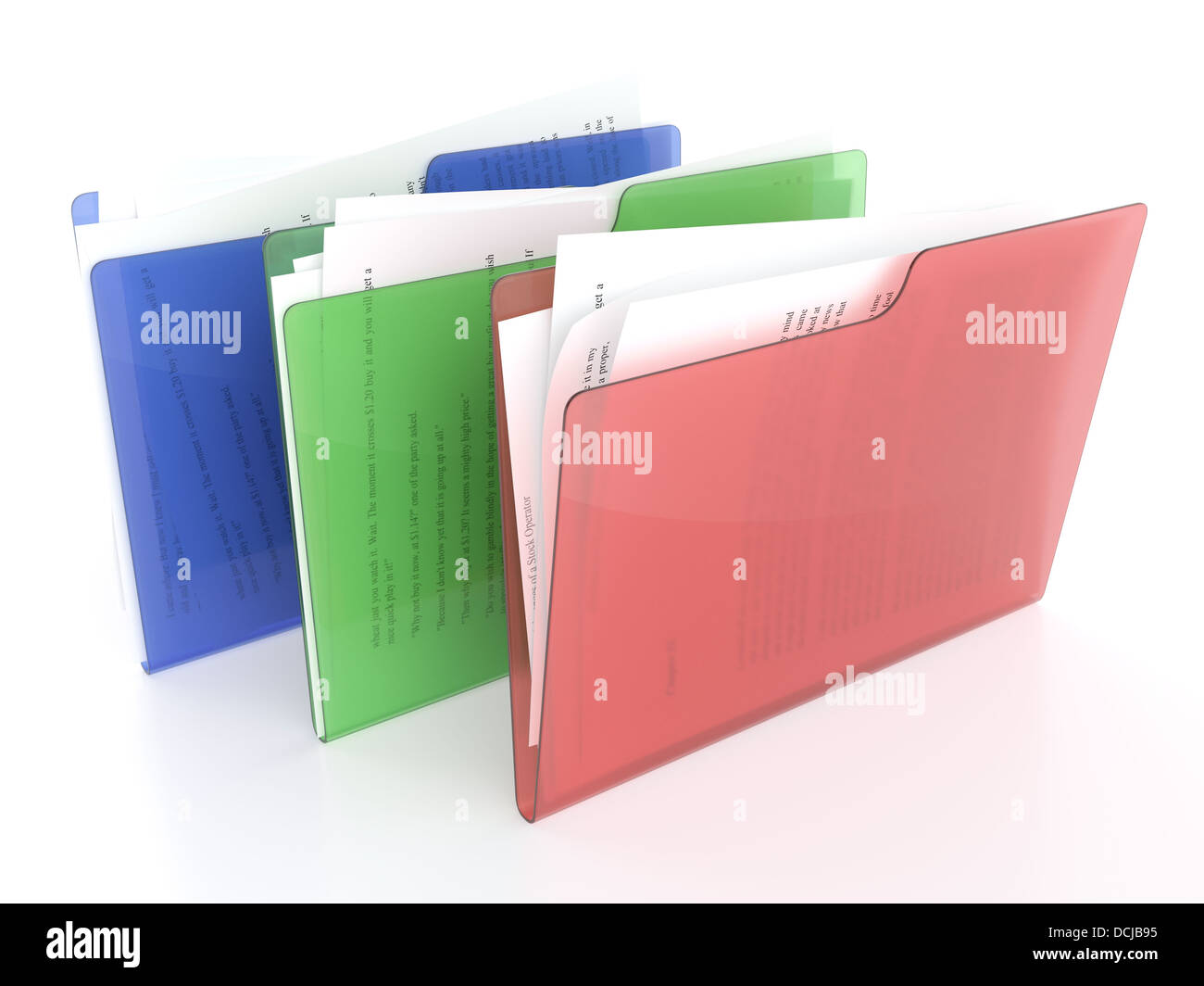 3D illustration of red, green and blue file icons on white background ...