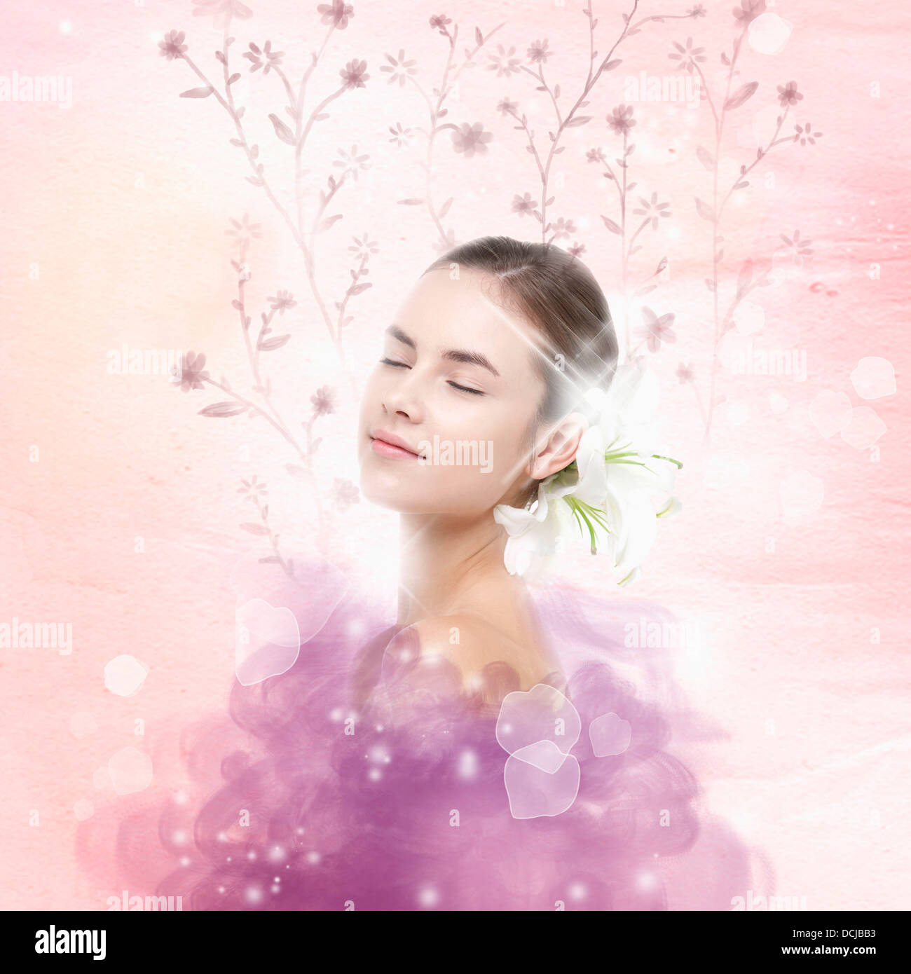 a lady surrounded by flowers Stock Photo - Alamy