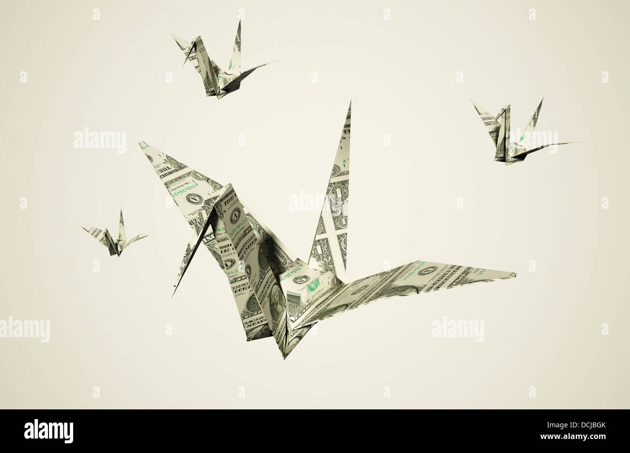 graphic illustration of paper cranes made out of dollars Stock Photo ...