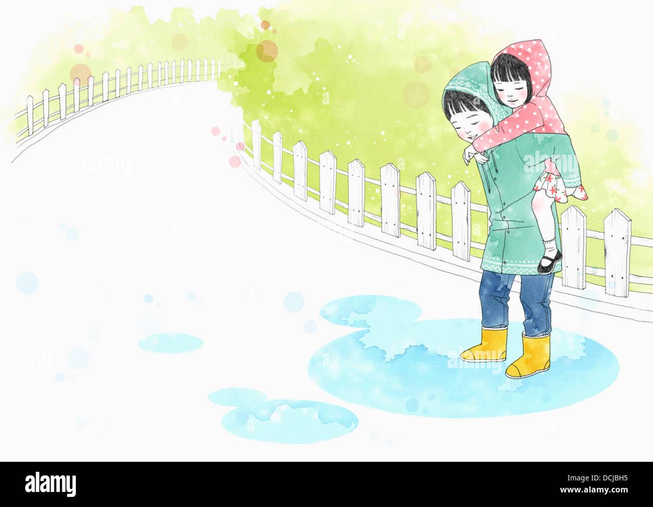 illustration of kids in the rain Stock Photo - Alamy