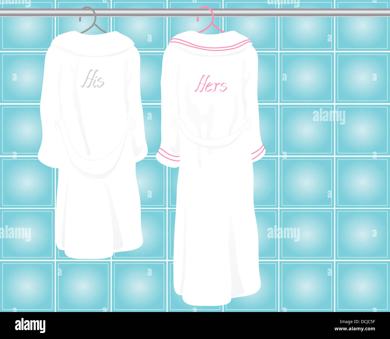 an illustration of two his and hers white bath robes hanging on a ...