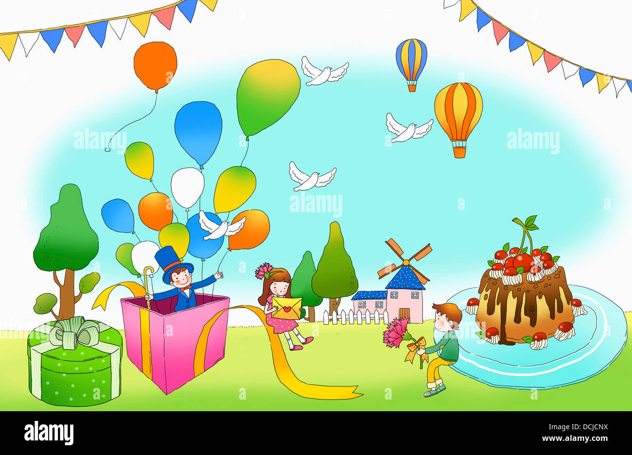 illustration of kids on a fancy land Stock Photo - Alamy