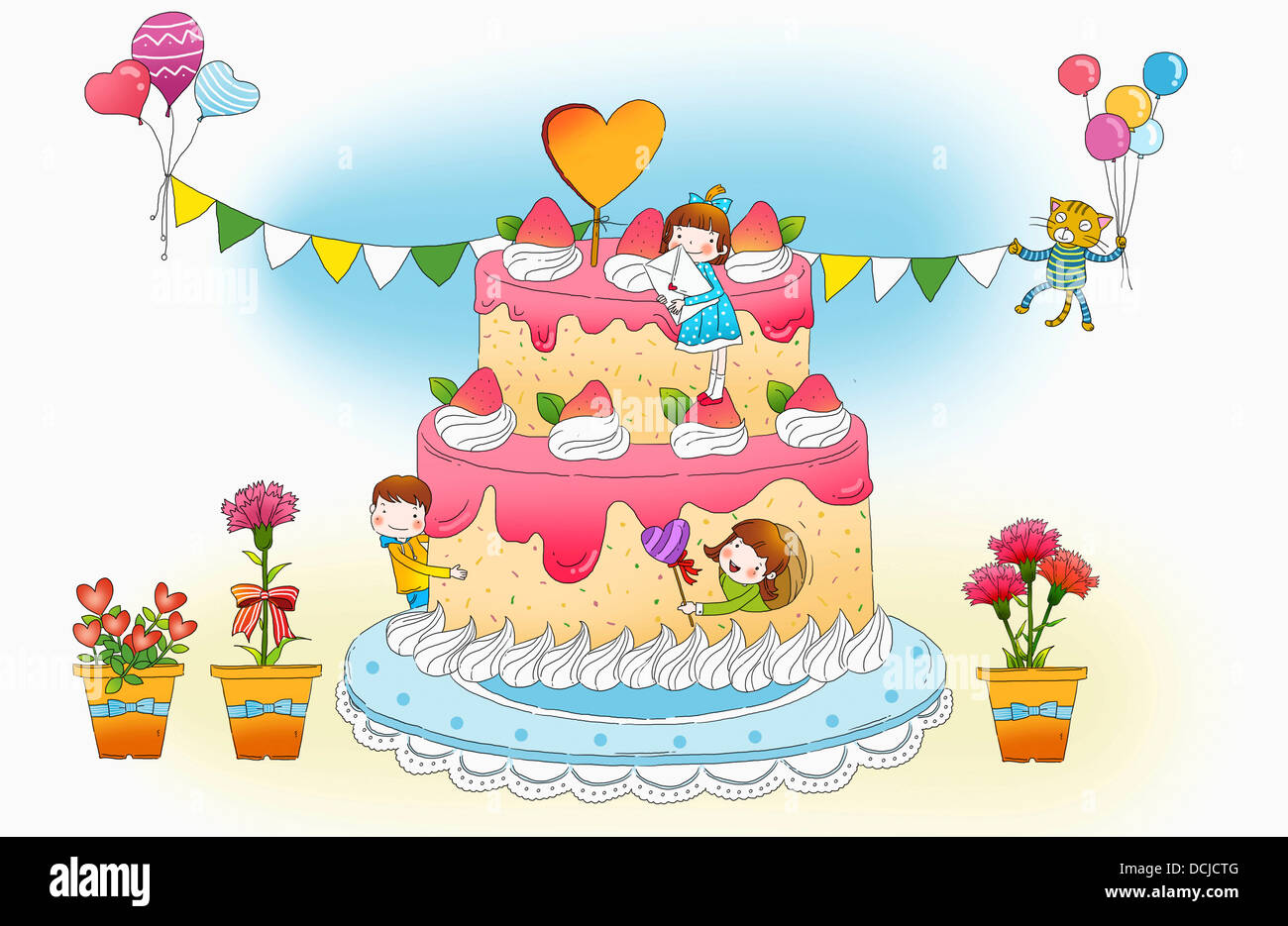 illustration of kids on a fancy land with cake Stock Photo - Alamy