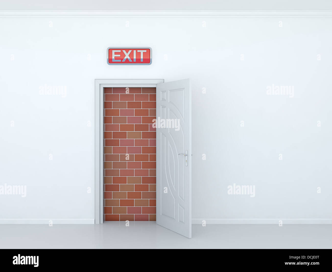 3d render of door with exit sign and brick wall behind door Stock Photo ...