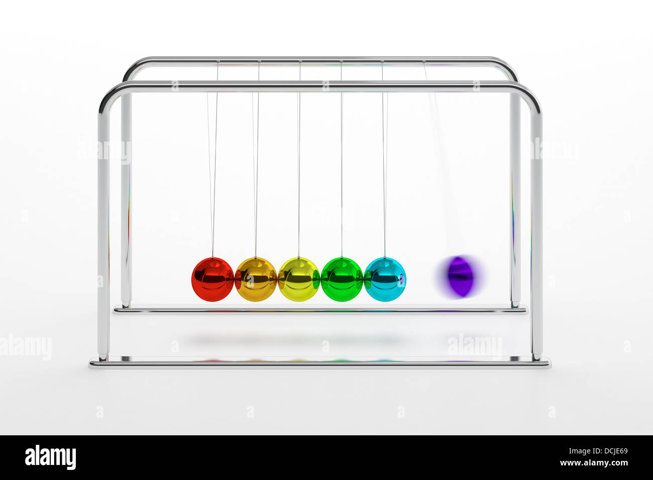 3D illustration of Newton's cradle with colored balls isolated on white ...