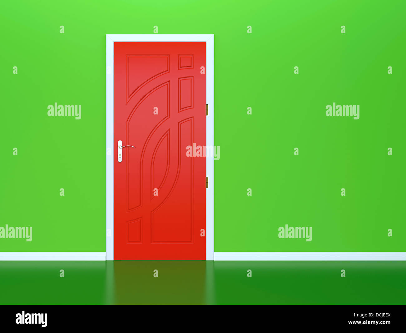 3D render of red door in green wall Stock Photo - Alamy
