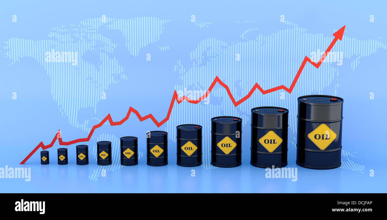 3D illustration of growing oil chart with World map on background Stock ...