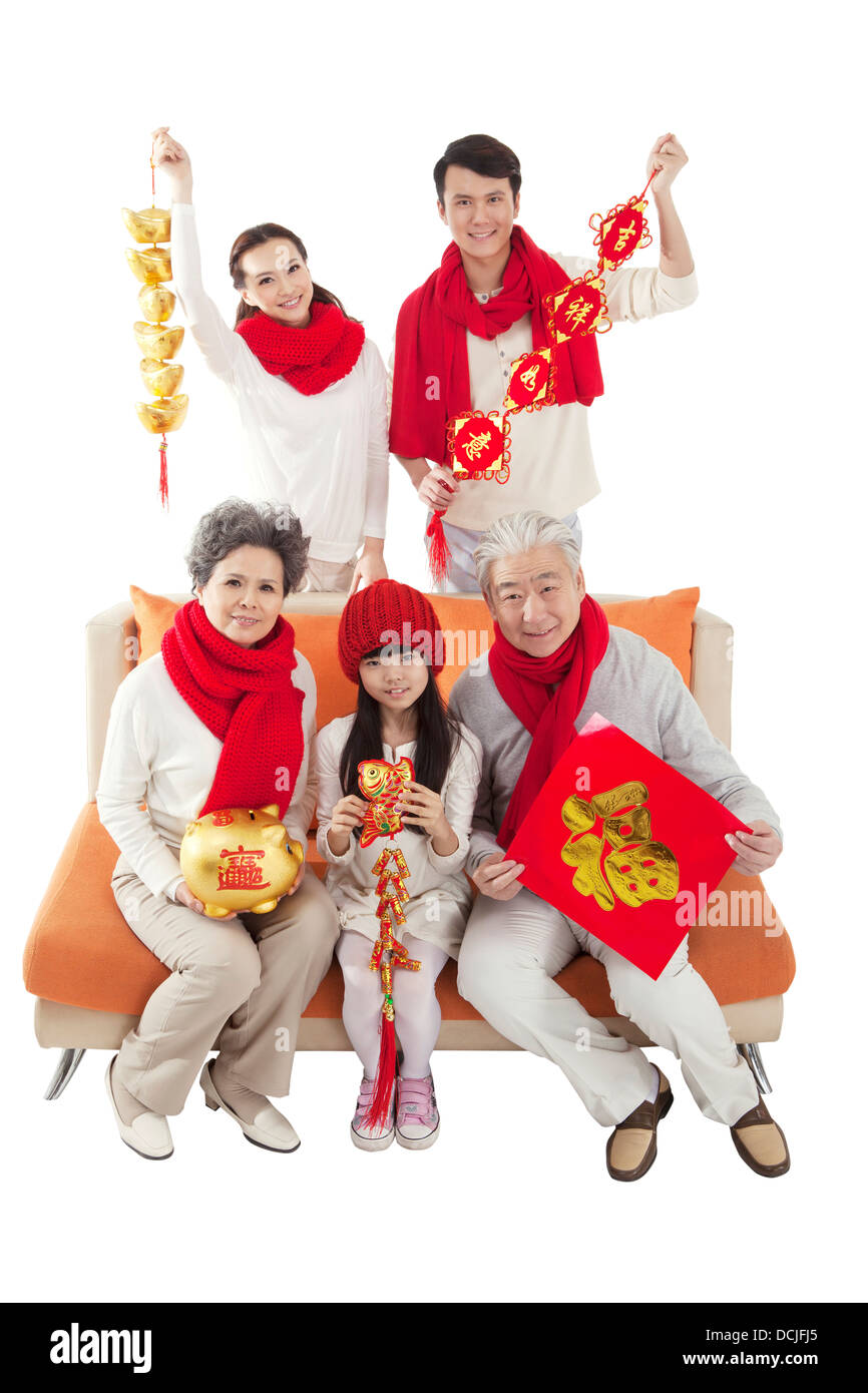 The Oriental family Spring Festival greetings Stock Photo - Alamy