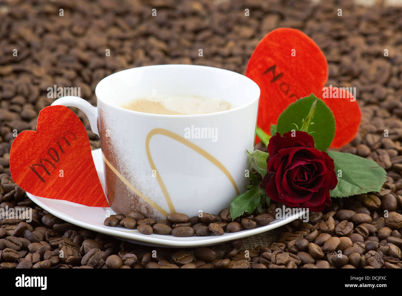 cup of coffee, red roses and hearts Stock Photo - Alamy