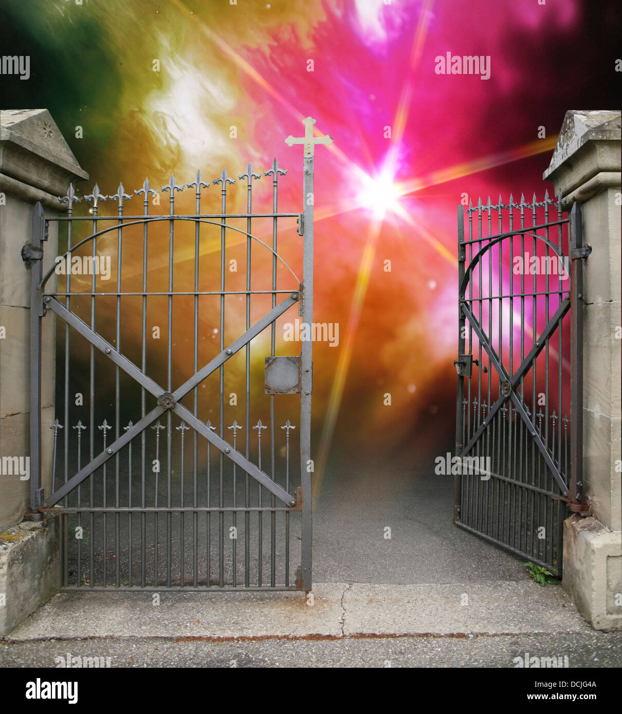 entrance of a graveyard with a open wrought-iron gate in mystic ...