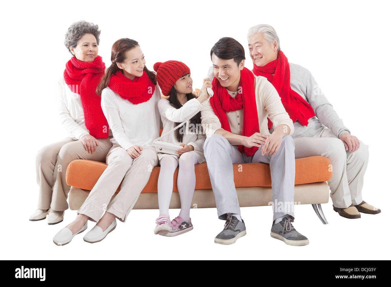 The Oriental family calling in the Spring Festival Stock Photo - Alamy