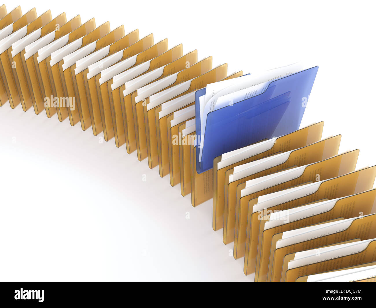 3D illustration of blue folder with files among orange folders on white ...