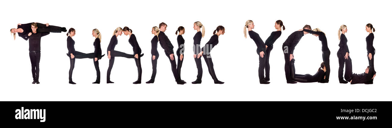 Group of people forming the phrase 'Thank you' Stock Photo - Alamy