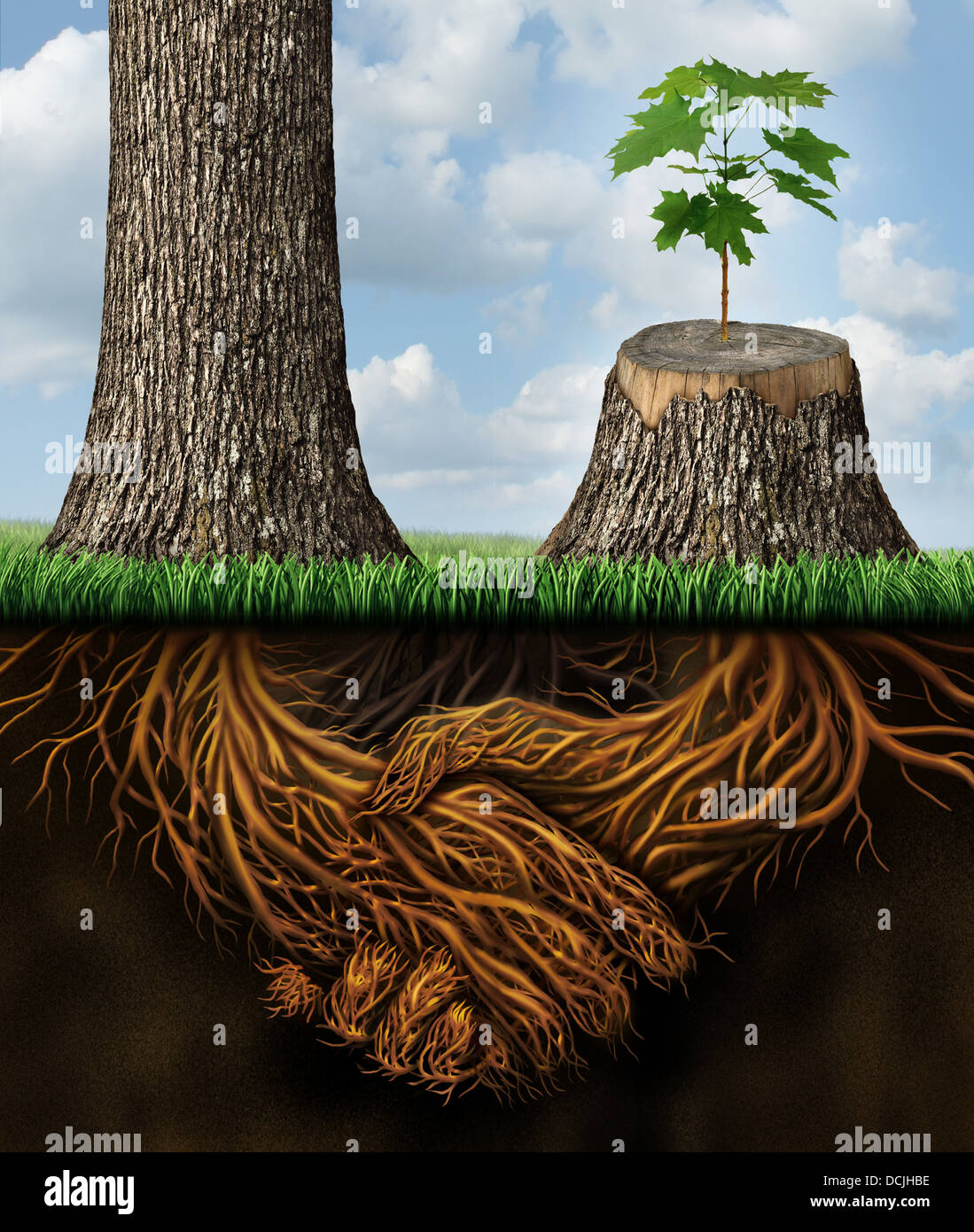 Business help and support concept as a tall tree next to a sick stump ...