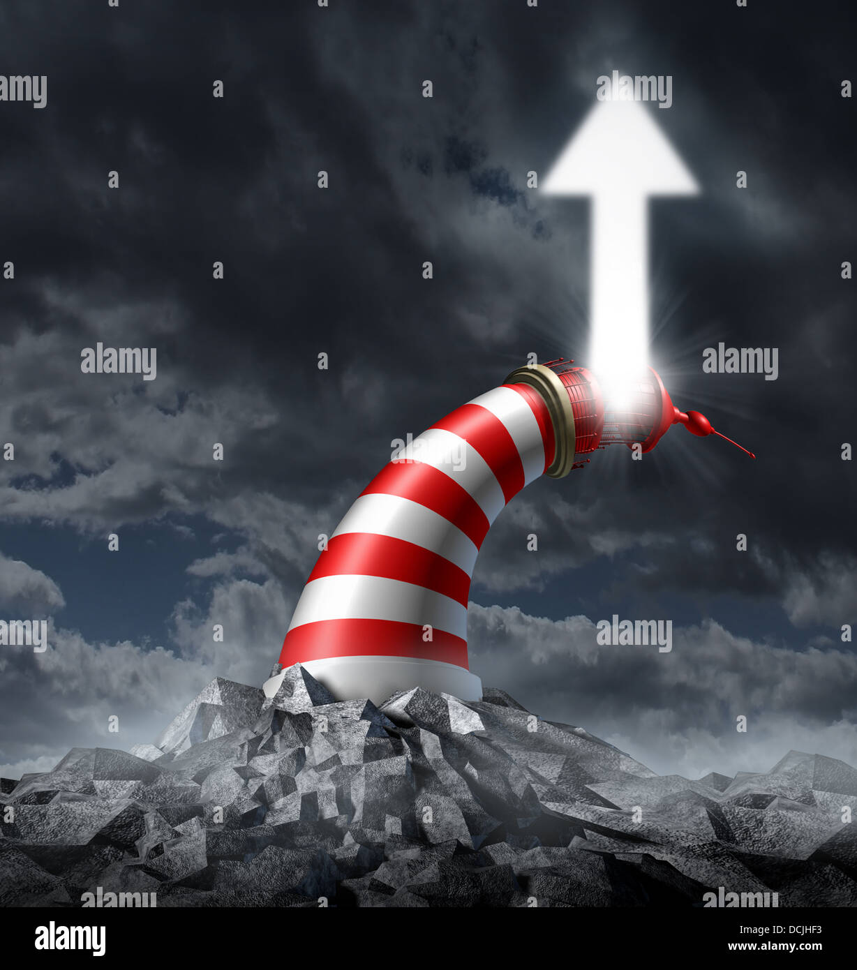 Change direction business concept with a light house on a dark storm ...