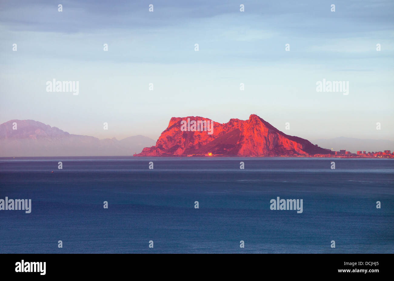 Spring sunrise over Gibraltar rock southern Spain (Africa at far ...